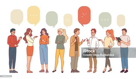 의사 소통하는 친구 그룹 말하는 사람들 남녀 토론 주제 대화 말풍선 대화 기호 회의 및 토론 만화 평면 고립 된 그림 벡터 세트 공동체에 대한 스톡 벡터 아트 및 기타