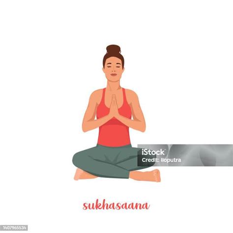 수하사나 요가를하는 여자 연꽃 포즈에서 명상 휴식 운동 쉬운 좌석 포즈 아사 흰색 배경에 격리된 플랫 벡터 일러스트 레이 션 영웅좌에 대한 스톡 벡터 아트 및 기타 이미지