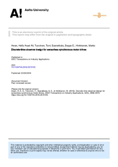 Pdf Discrete Time Observer Design For Sensorless Synchronous Motor Drives