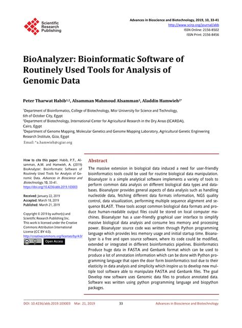 Pdf Bioanalyzer Bioinformatic Software Of Routinely Used Tools For Analysis Of Genomic Data