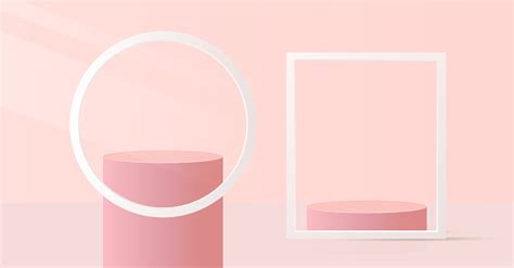 화이트 스퀘어 프레임과 원이 있는 사실적인 포디움 3d 핑크 실린더 받침대 연단 화장품 프리젠 테이션을위한 달콤한 핑크 미니멀