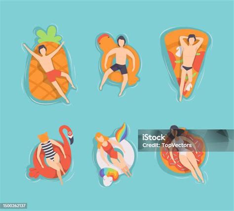 공기 매트리스와 고무 반지에 떠 있는 사람들 캐릭터 수영장 탑 뷰 벡터 세트 해변에 대한 스톡 벡터 아트 및 기타 이미지 해변 남자 수영장 스포츠 경기장 Istock