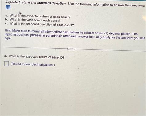 Solved Expected Return And Standard Deviation Use The
