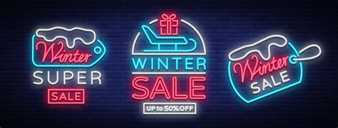 겨울 세일 포스터 네온 스타일에서의 컬렉션입니다 네온 사인의 설정 배너 겨울 휴가의 주제에 밤 비 네온 광고 빛나는 밝은 우대 할인 벡터 일러스트 레이 션 가격에 대한 스톡