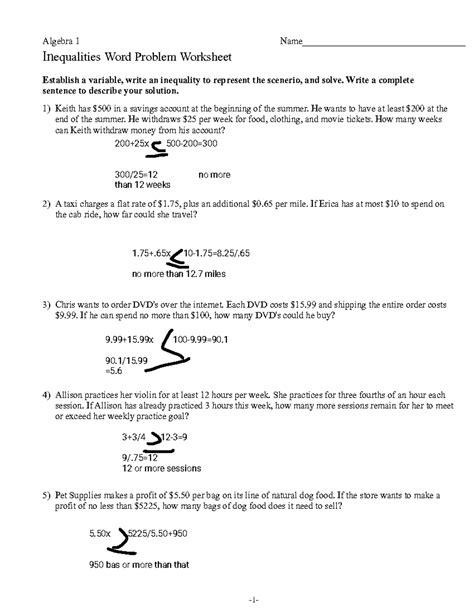 Inequalities Word Problems Worksheet