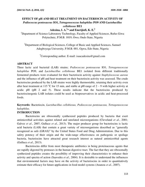 Pdf Effect Of Ph And Heat Treatment On Bacteriocin Activity Of Pediococcus Pentosaceus Io1