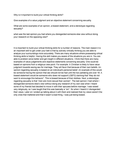 Human Sexuality Discussion Why Is It Important To Build Your Critical Thinking Skills Give