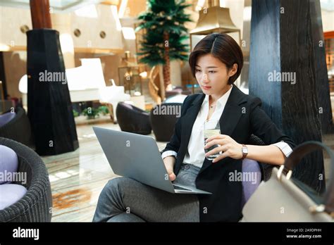Business Woman Use The Computer Stock Photo Alamy