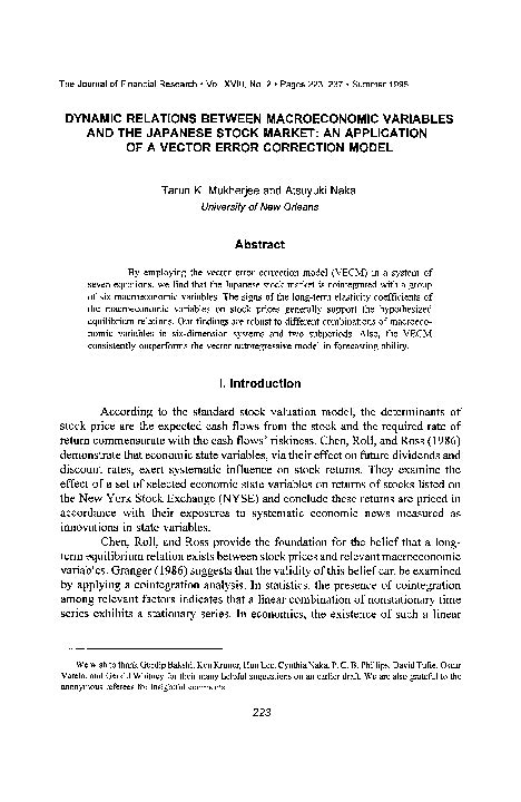 Pdf Dynamic Relations Between Macroeconomic Variables And The Japanese Stock Market An