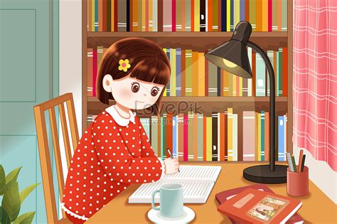 밤에 읽는 어린 소녀 일러스트 무료 다운로드 Lovepik