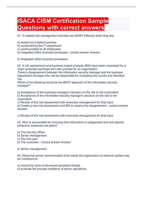 Isaca Cism Certification Sample Questions With Correct Answers Cism Stuvia Us