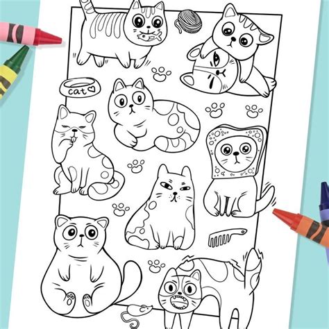 Printable Coloring Page Cats Cute Kitty Hand Drawn Doodles