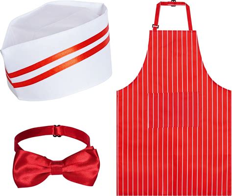 3 Pcs 1950s Waiter Adult Costume Kit Soda Jerk Costume Red
