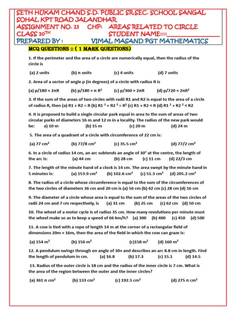 Circle Geometry Quiz Pdf Area Geometric Shapes