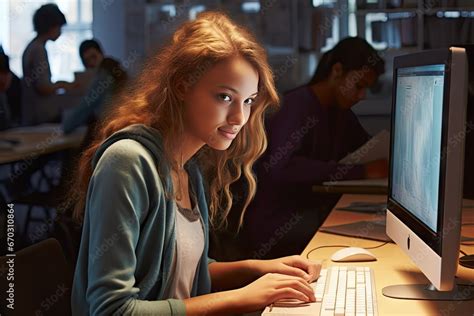 Classroom Computer Using Babe College Female Studying Class Lesson Teenage Information