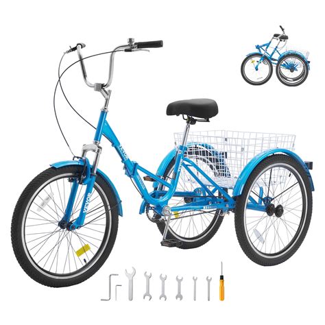 Vevor Folding Adult Tricycle 24 Inch Blue Carbon Steel With Large