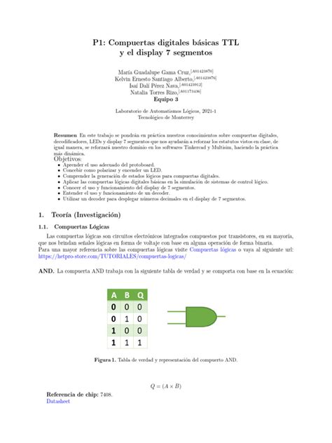 P1 Compuertas Digitales Y Display 7 Segmentos Equipo 3 Pdf Puerta Lógica Diodo Emisor De Luz
