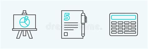 Set Line Calculator Chalkboard With Diagram And Test Exam Sheet And Pen Icon Vector Stock