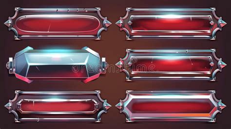 Cartoon Modern Set Of Medieval Gui Menu Frames With Silver Rim And Gloss Red Glass Plaques 2d