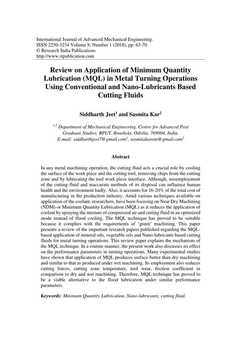 Pdf Review On Application Of Minimum Quantity Lubrication Mql In