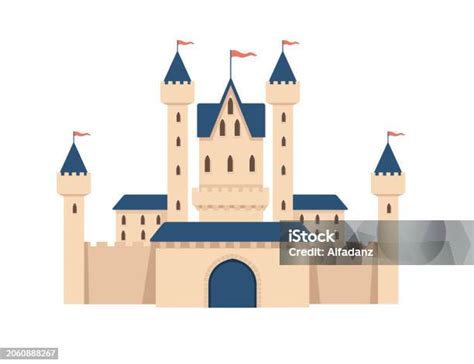 판타지 중세 돌 성 타워 문과 깃발 블루 컬러 스타일 벡터 일러스트 레이 션 흰색 배경에 고립 건축에 대한 스톡 벡터 아트 및 기타 이미지 Istock