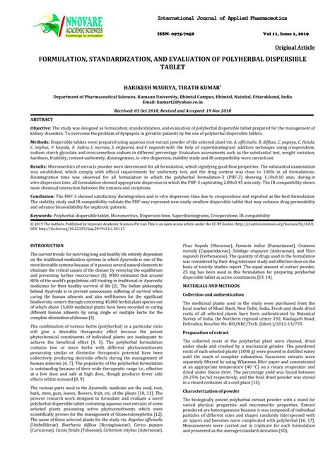 Pdf Formulation Standardization And Evaluation Of Polyherbal Dispersible Tablet