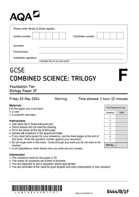 2024 Aqa Gcse Combined Science Trilogy Foundation Biology Chemistry Physics Paper 1f Paper 2f