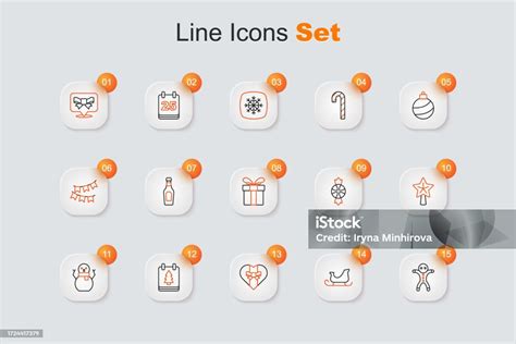 세트 라인 휴일 진저 브레드 맨 쿠키 크리스마스 산타 클로스 썰매 선물 상자 달력 눈사람 별 사탕 및 아이콘 벡터 갈란드 장식품에 대한 스톡 벡터 아트 및 기타 이미지