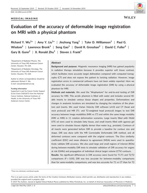 Pdf Evaluation Of The Accuracy Of Deformable Image Registration On Mri With A Physical Phantom