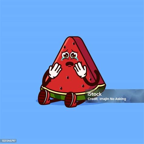 귀여운 수박 과일 캐릭터 앉아 울고 과일 문자 아이콘 개념 격리 플랫 만화 스타일 프리미엄 벡터 가공의 인물에 대한 스톡 벡터