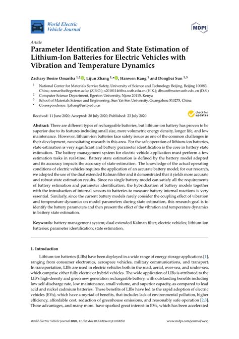 Pdf Parameter Identification And State Estimation Of Lithium Ion Batteries For Electric