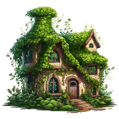 Linda Casa De Campo Coberta De Hera Aninhada Na Ilustração De Clipart Em Aquarela Da Natureza