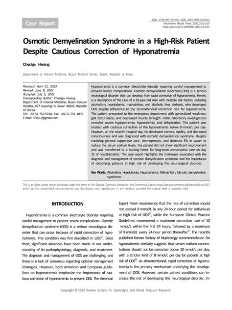 Pdf Osmotic Demyelination Syndrome In A High Risk Patient Despite Cautious Correction Of