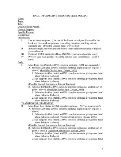 Informative Speech Outline Templates Examples