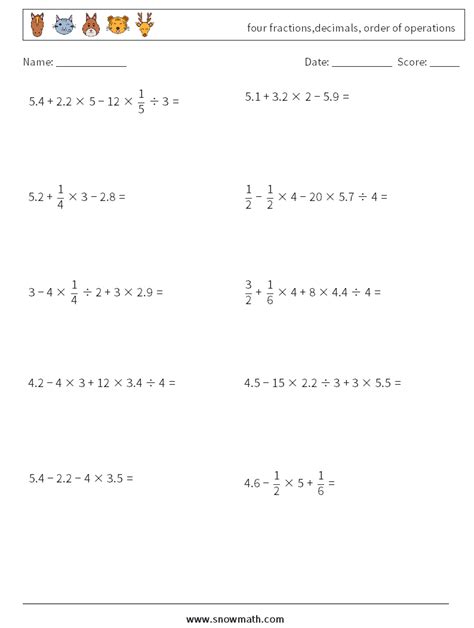 Four Fractionsdecimals Order Of Operations Math Worksheets Math