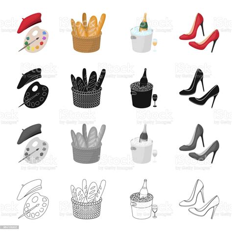 색상 및 베 레모 프랑스 덩어리 샴페인의 팔레트 차게 여자의 단 화 발뒤꿈치와 프랑스 만화 블랙 단색 개요 스타일 벡터 기호 재고 일러스트 웹에서 컬렉션 아이콘을 설정합니다