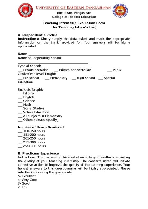 Teaching Internship Evaluation Form For Teaching Interns Use College Of Teacher Education