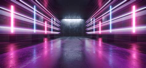 네온 불빛 공상 과학 소설 자주색 파란 선 모양 빛나는 활기찬 빈 공간 그런 지 콘크리트 터널 복도 복도 단계 우주선 차고 지하철 3d 렌더링 0명에 대한 스톡 사진 및