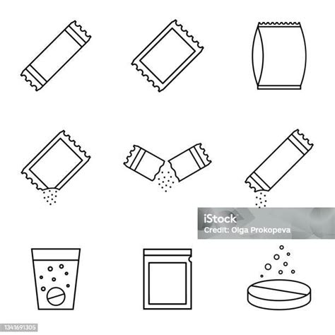 흰색 배경에 봉지 라인 아이콘 세트 설탕 분말 패킷의 아이콘 용해 성 알 약 발포성 효과 개요 그림 의학에 대 한 웹 사이트 웹