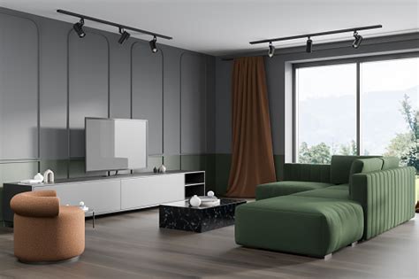 서랍 소파 쪽모이 세공 마룻바닥 창문에 Tv가 있는 어두운 거실 인테리어 0명에 대한 스톡 사진 및 기타 이미지 0명 3차원 형태 가구 Istock