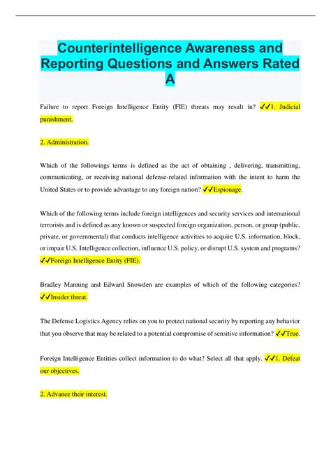 Counterintelligence Awareness And Reporting Questions And Answers Rated A Counterintelligence