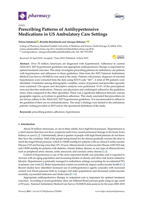Pdf Prescribing Patterns Of Antihypertensive Medications In Us