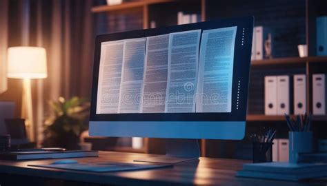 Virtual Workspace At Night With Documents Displayed On A Computer
