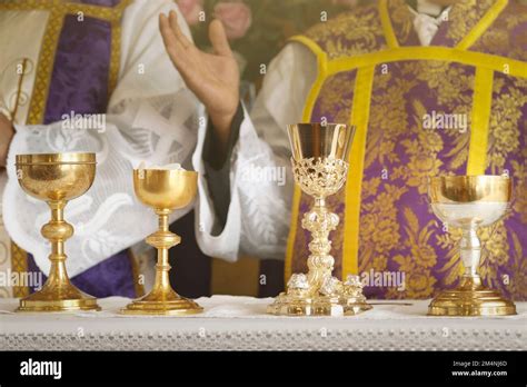 Goblet And Ambula At The Altar Prayer And Blessing During Mass