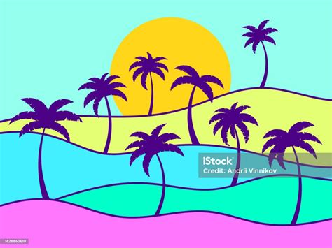 떠오르는 태양을 배경으로 야자수의 실루엣이 있는 물결 모양의 다채로운 풍경 라인 아트 스타일의 물결 모양 풍경 인쇄 티셔츠 및 배너 디자인 벡터 그림 0명에 대한 스톡 벡터