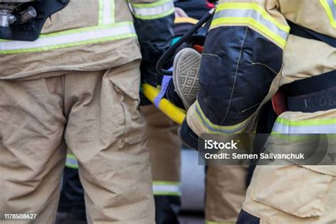 전문 소방관 소방관 방화 복 흰색 헬멧과 방독면은 들것에 부상자를 수행 건강관리와 의술에 대한 스톡 사진 및 기타 이미지 건강관리와 의술 구조 나무 Istock