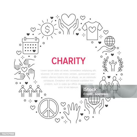 평평한 선 아이콘이있는 자선 벡터 원 배너입니다 기부 비영리 단체 Ngo 도움 그림을 제공 기부 표지판 자원봉사 커뮤니티 포스터 Charitable Foundation에