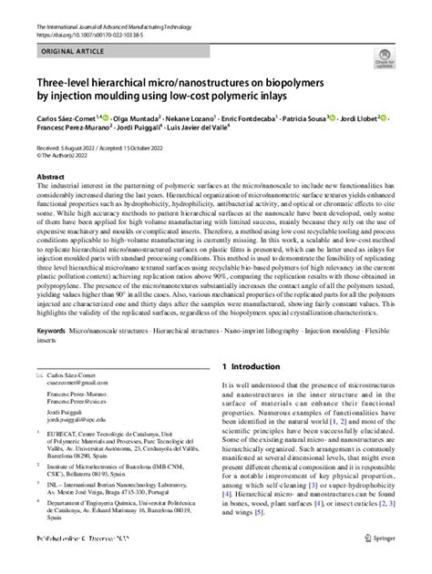 Pdf Three Level Hierarchical Micronanostructures On Biopolymers By Injection Moulding Using