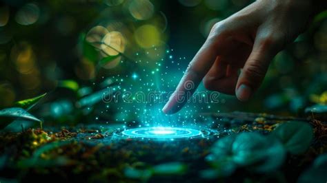 Finger Presses A Virtual Button In A Lake In A Tropical Forest The