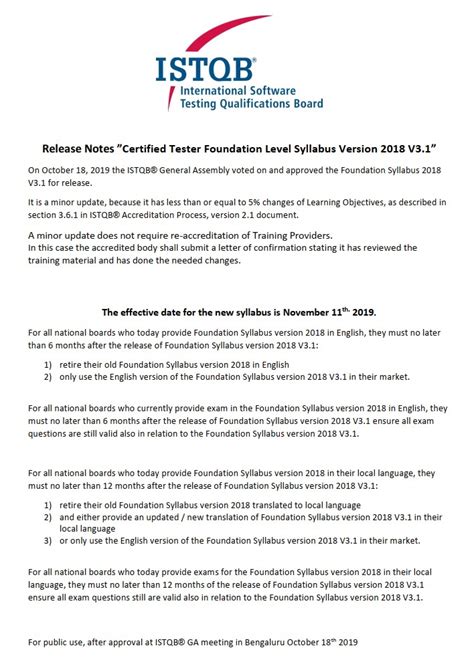 Ctfl 基础级2018版大纲发布说明v2018（英文版） Istqb国际软件测试工程师认证官网